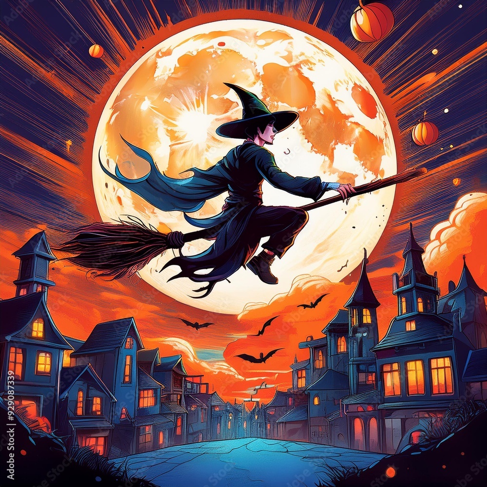 Comic book cover featuring a dynamic witch flying over a moonlit ...