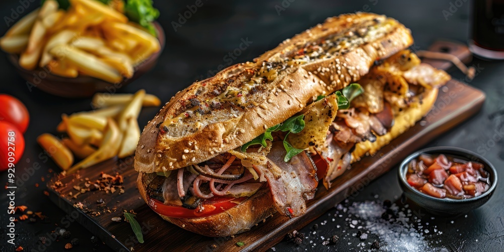 Traditional South African submarine sandwich served with chips and meat ...