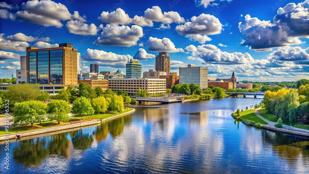 Serenene daytime cityscape of Green Bay, Wisconsin, featuring lush ...