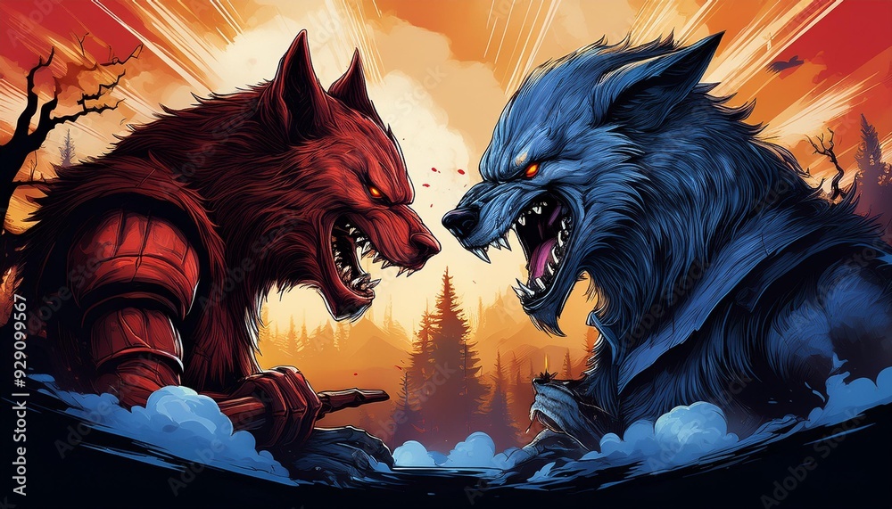 Vampire and werewolf showdown in a comic book style, set on a Halloween ...
