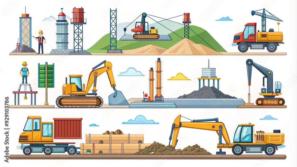 Set of colorful geotechnical icons, including drilling rigs, excavators ...