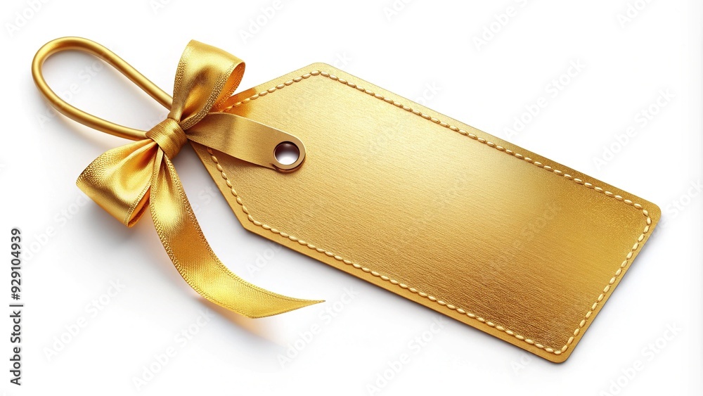 Shiny gold price tag with ribbon attached, elegantly displayed on a ...