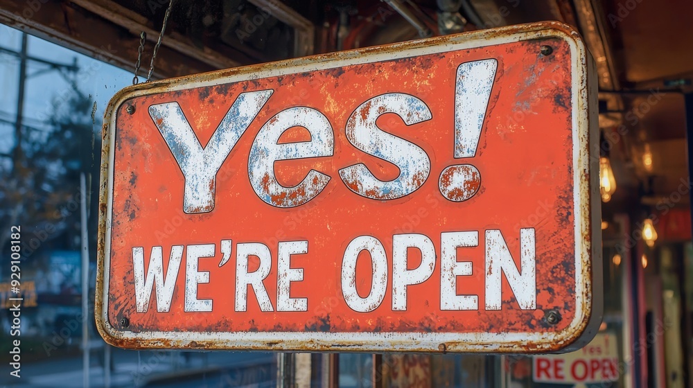 A bold, red rectangular sign displaying the words "Yes! WE'RE OPEN" in ...