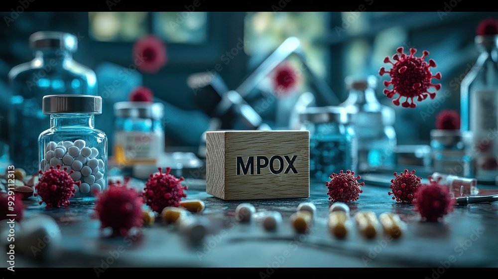 Conceptual Composition of 'MPOX' Wooden Cube with monkeypox virus ...