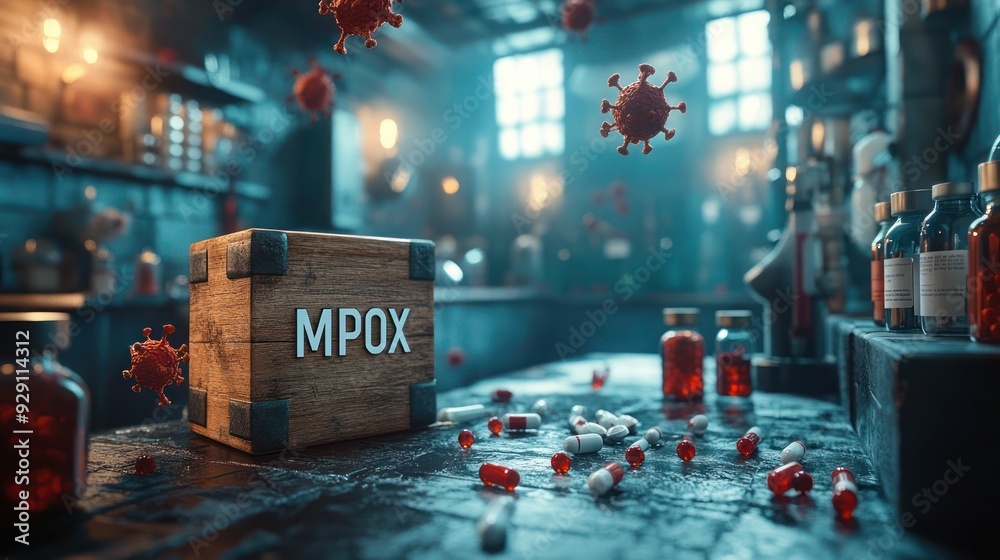 Conceptual Composition of 'MPOX' Wooden Cube with monkeypox virus ...