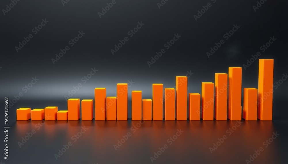 3D line graph with rising segments in bright orange on a sleek black ...