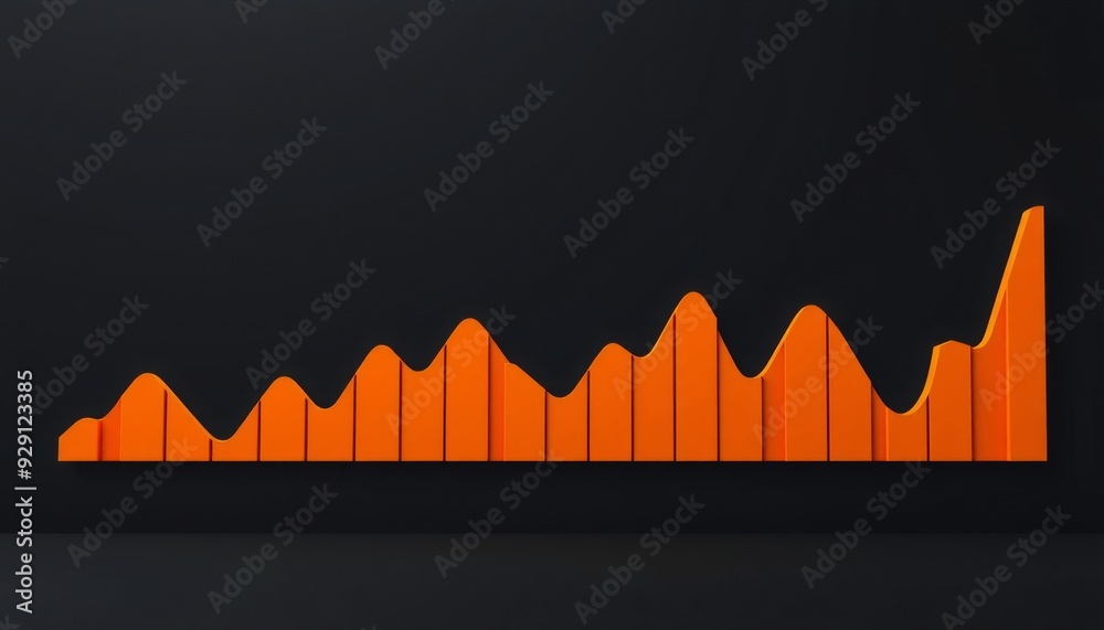 Sharp 3D line graph with rising orange segments on a dark black ...