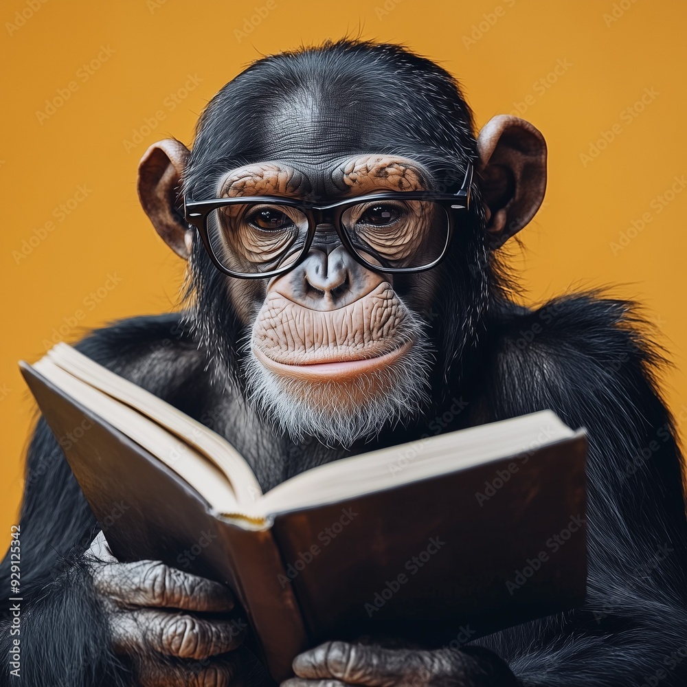 Chimpanzee wearing glasses and reading a book against an orange ...