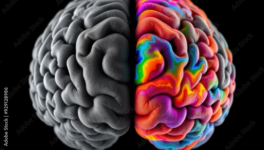 Brain split vertically with dull gray left half and vivid colorful ...