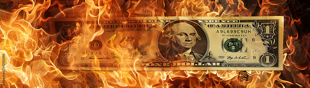 Conceptual finance image of burning pile dollar bill and fire flames ...
