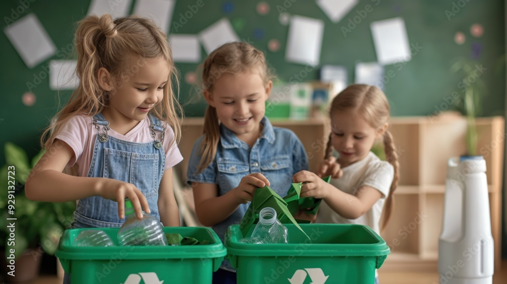 Children participating in a school recycling program, expressions of ...