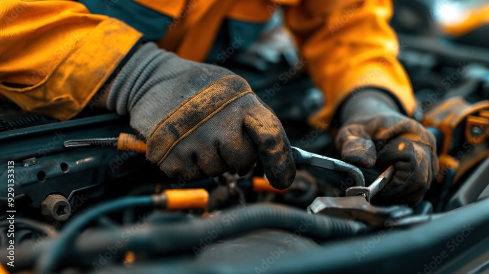 Mechanic working on a car engine, using diagnostic tools and wrenches ...