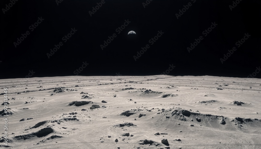 expansive moon landscape with jagged craters and dust-covered plains ...