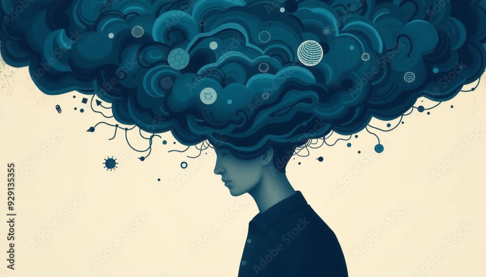vector illustration showing a person with a swirling dark blue cloud ...