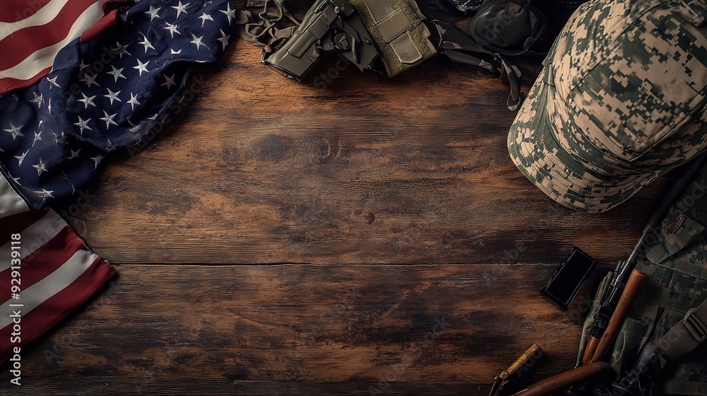 Military Tribute: American flag, military hat, gun, and other military ...