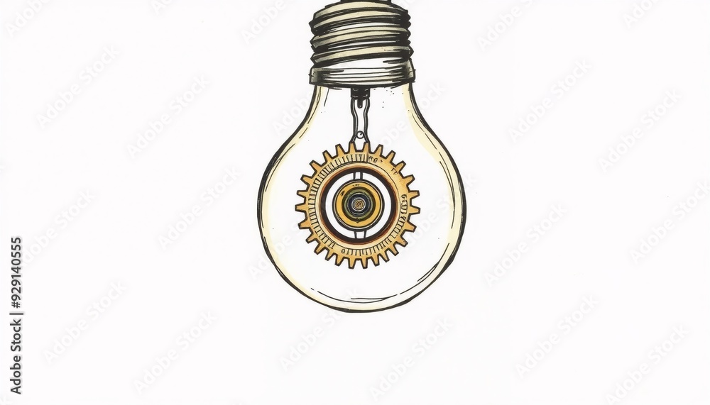 artistic hand-drawn light bulb with visible gears gears are slightly ...