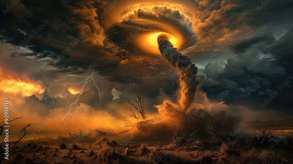 Inferno Tornado with Lightning - A fierce tornado swirls under a fiery ...