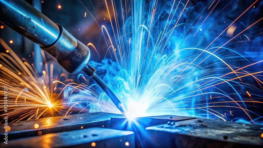 Sparkling bright blue plasma arc illuminates the welding process as ...