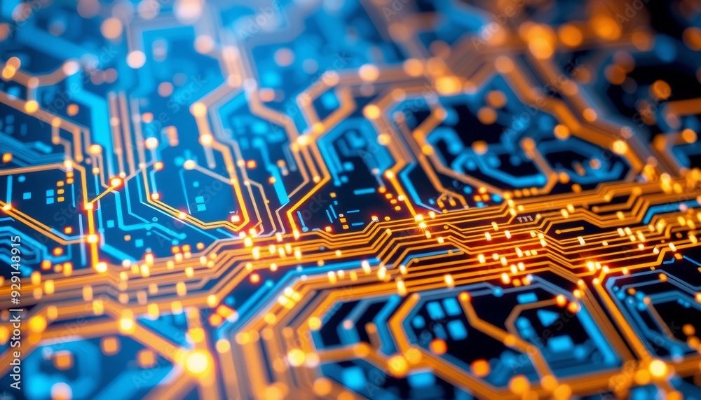 detailed circuit board with radiant data streams in vivid blue and gold ...