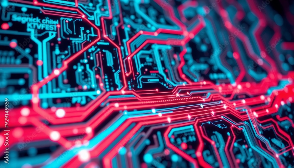 high-tech circuit board with vivid red and cyan data trails ... high-tech circuit board with vivid red and cyan data trails ...