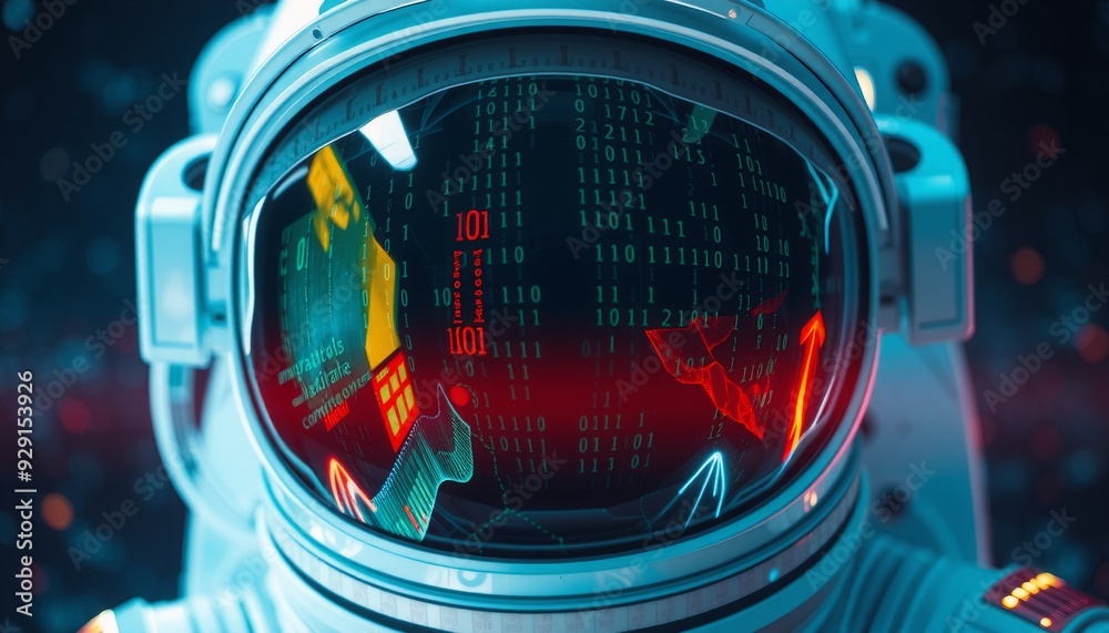 astronaut helmet visor reflecting neon neural network binary code ...