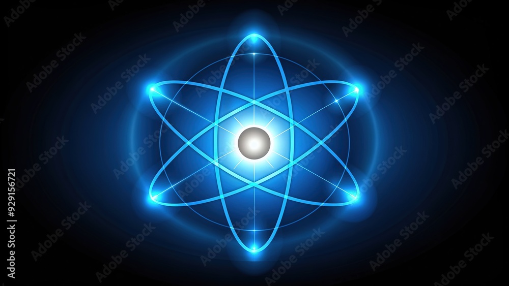Stylized atom symbol with glowing blue nucleus and orbiting electrons, set against a dark ...