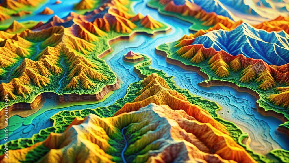 Stylized topographic map with vibrant colors and 3D effects, showcasing mountain ranges, rivers ...