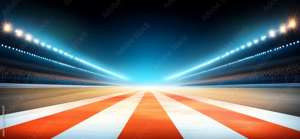 Racing track inside an arena with black walls, lights, and motion blur ...