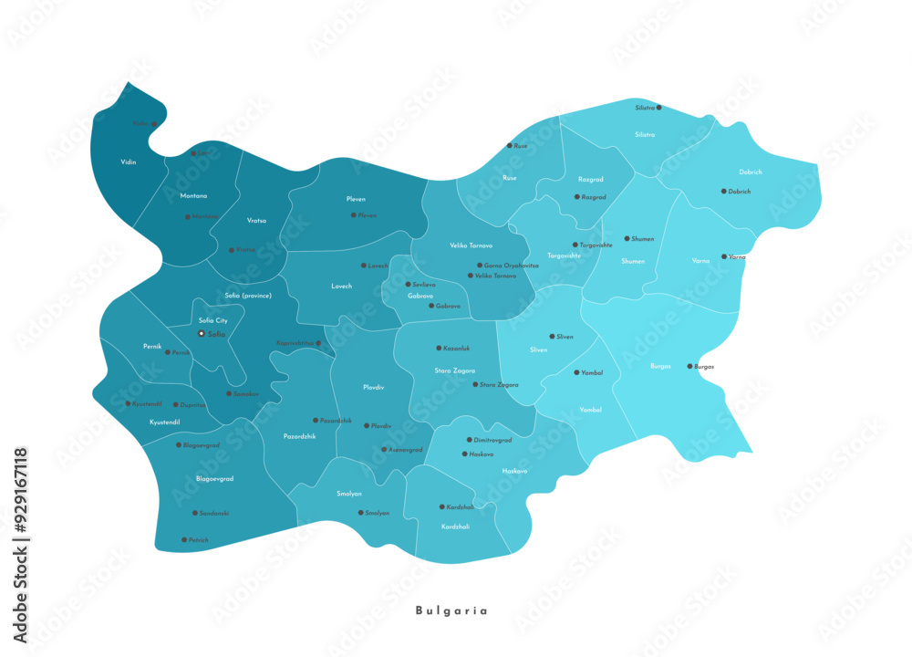 Vector isolated illustration. Simplified administrative map of Bulgaria in blue colors. Border ...