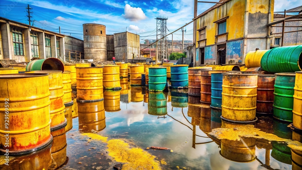 Toxic waste barrels in a contaminated industrial area, leaking ...