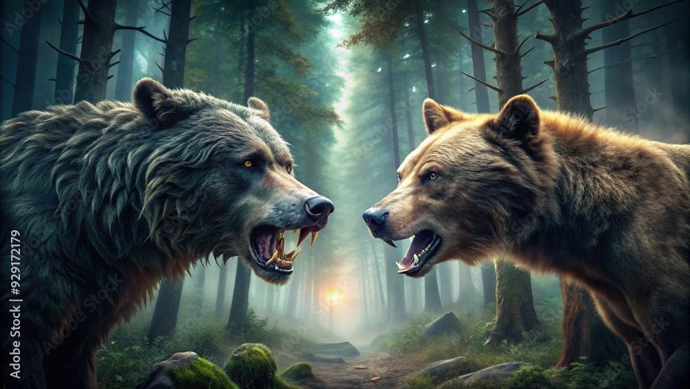 Two angry animals, a large bear and a fierce wolf, stand face-to-face ...