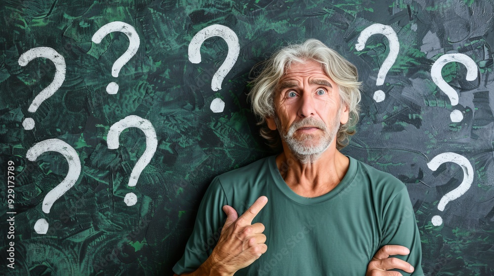Confused Senior Man with Question Marks on Green Background Seeking ...