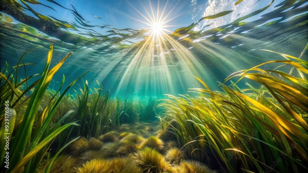Underwater scene of swaying eelgrass meadows in shallow coastal waters ...