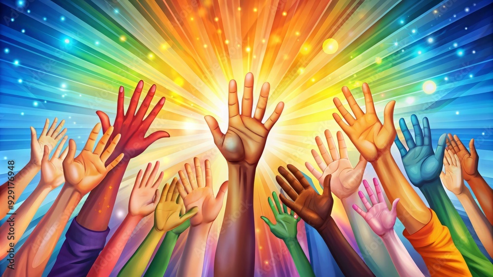 Uplifting illustration of diverse hands rising together in unity ...