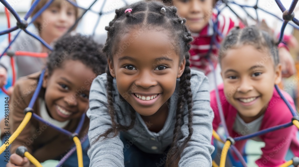 Children playing together in a playground, diverse backgrounds, joyful ...
