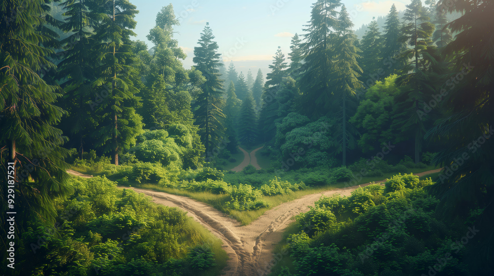 Two paths diverging in a forest one bright and one dark representing ...
