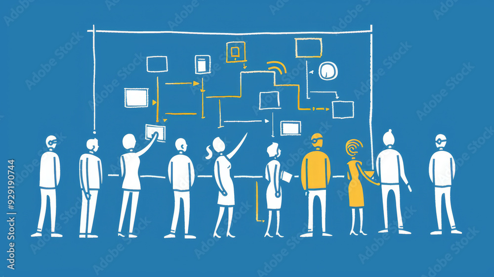 A group of people stand around a whiteboard, collaborating and ...