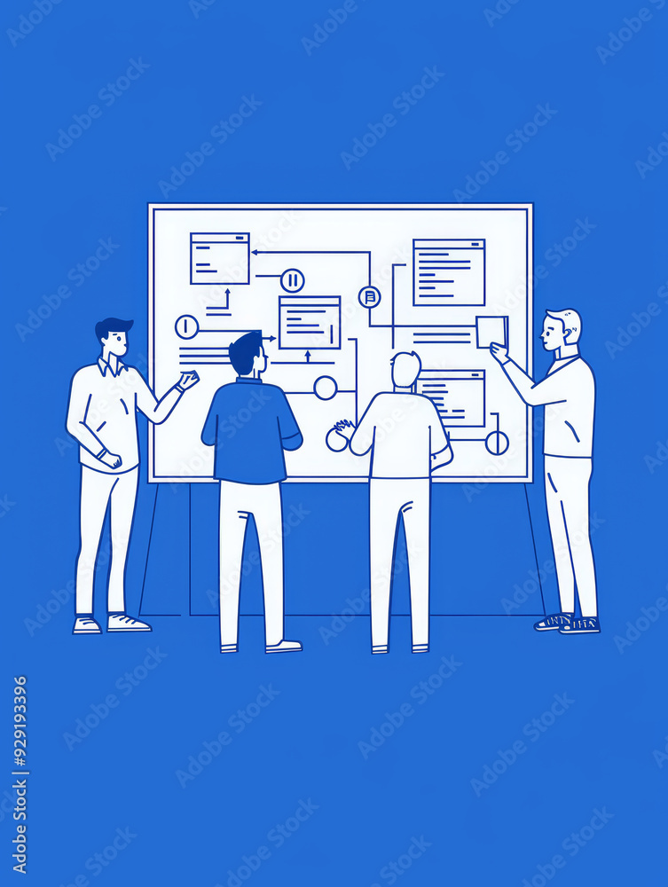 A team of four professionals collaborates on a whiteboard flowchart ...