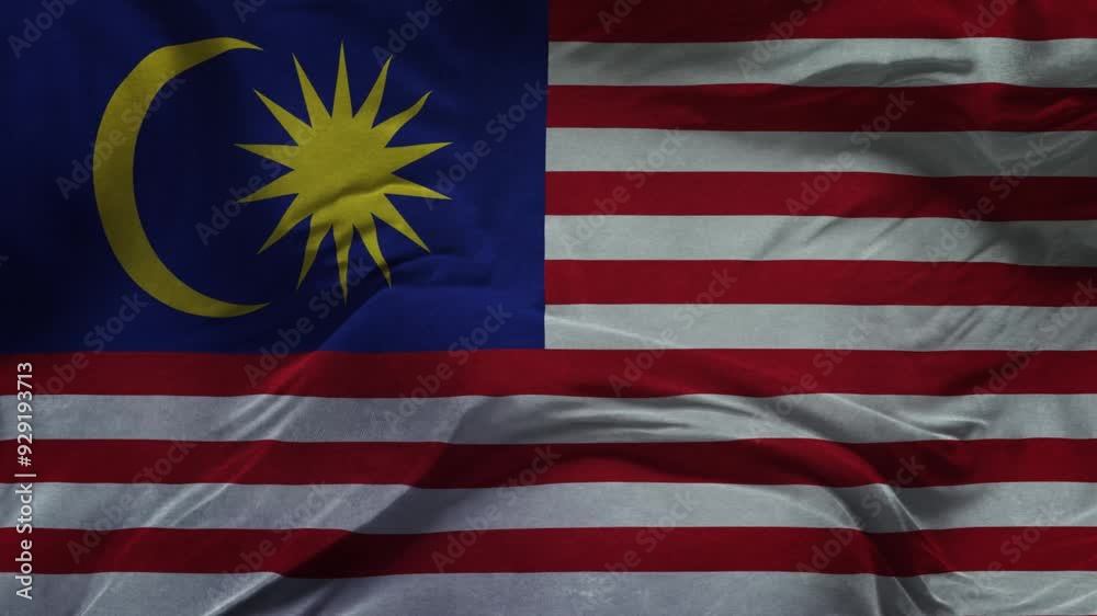 3D animation of the Malaysian flag waving in slow motion with realistic ...