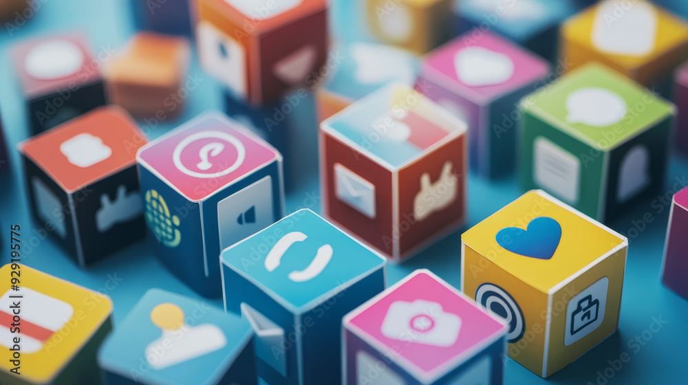 Colorful blocks with social media icons represent various platforms ...