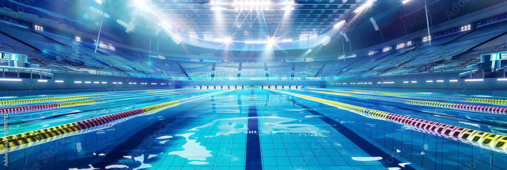 An indoor Olympic-sized swimming pool with bright lights overhead ...