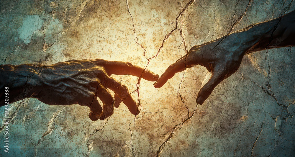 Modern or artistic interpretation of Michelangelo's "Creation of Adam ...