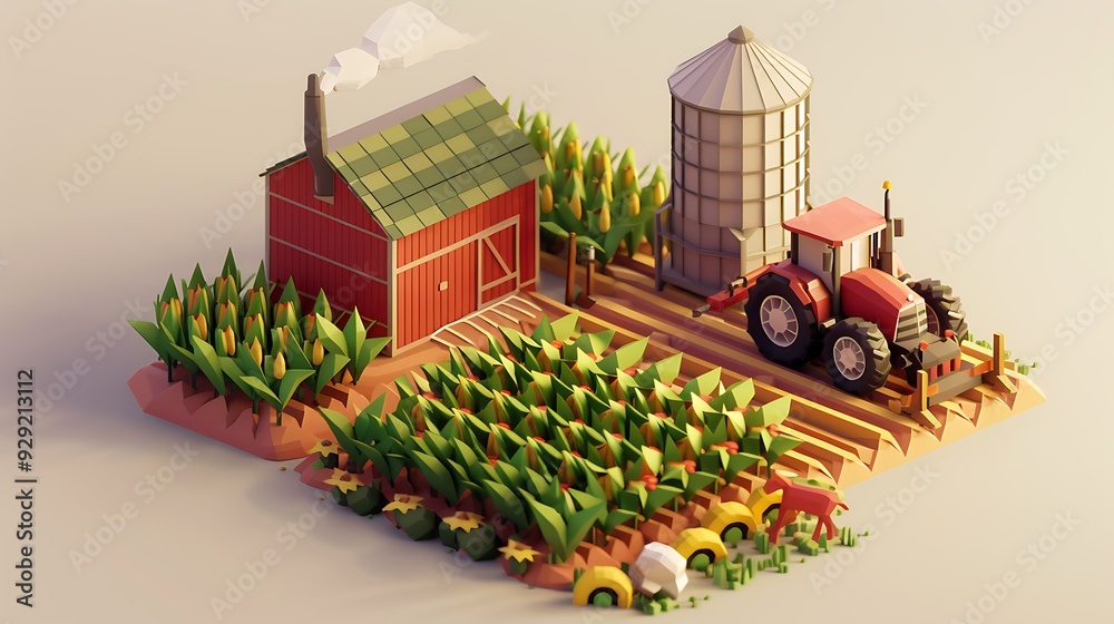Low poly isometric farm scene with a tractor, grain silo, and corn rows ...