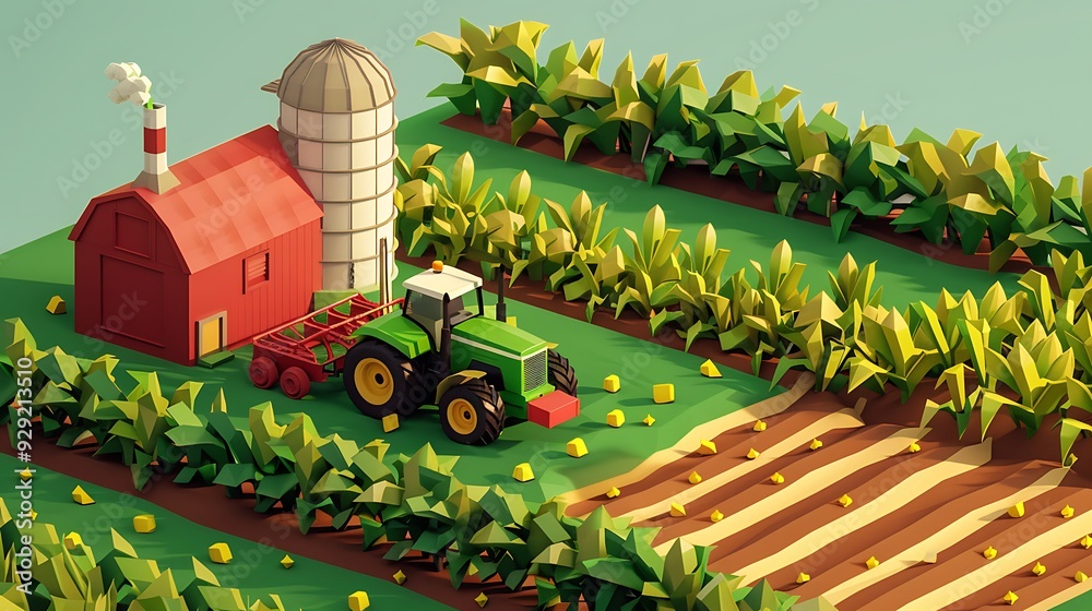 Low poly isometric farm scene with a tractor, grain silo, and corn rows ...