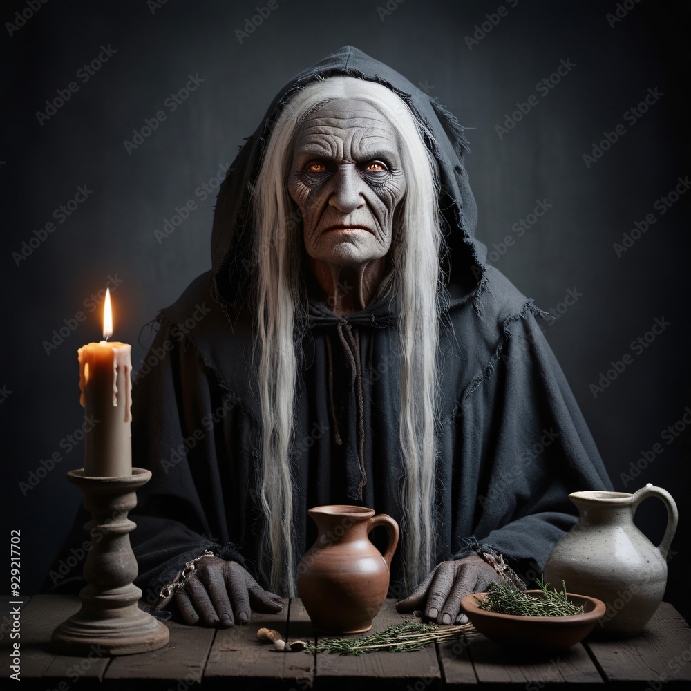 Eerie portrait of elderly woman with white disheveled hair, stern ...