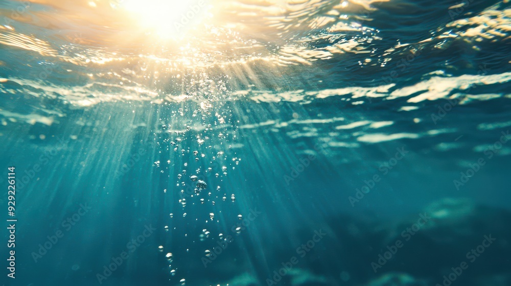Realistic photography of sun rays shining through the water, hitting ...