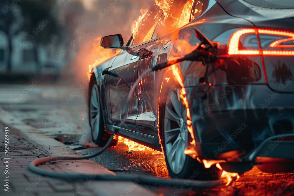 Burning electric car while charging on station, completely charred ...