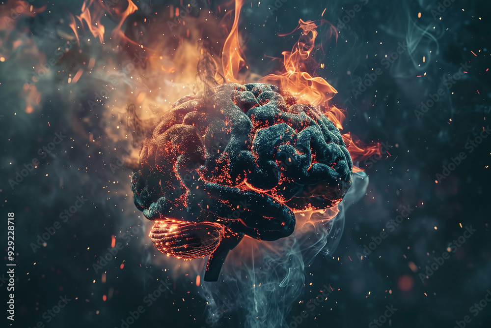 Brain on fire. Brain burnout. Brain explosion with fire, sparks and ...