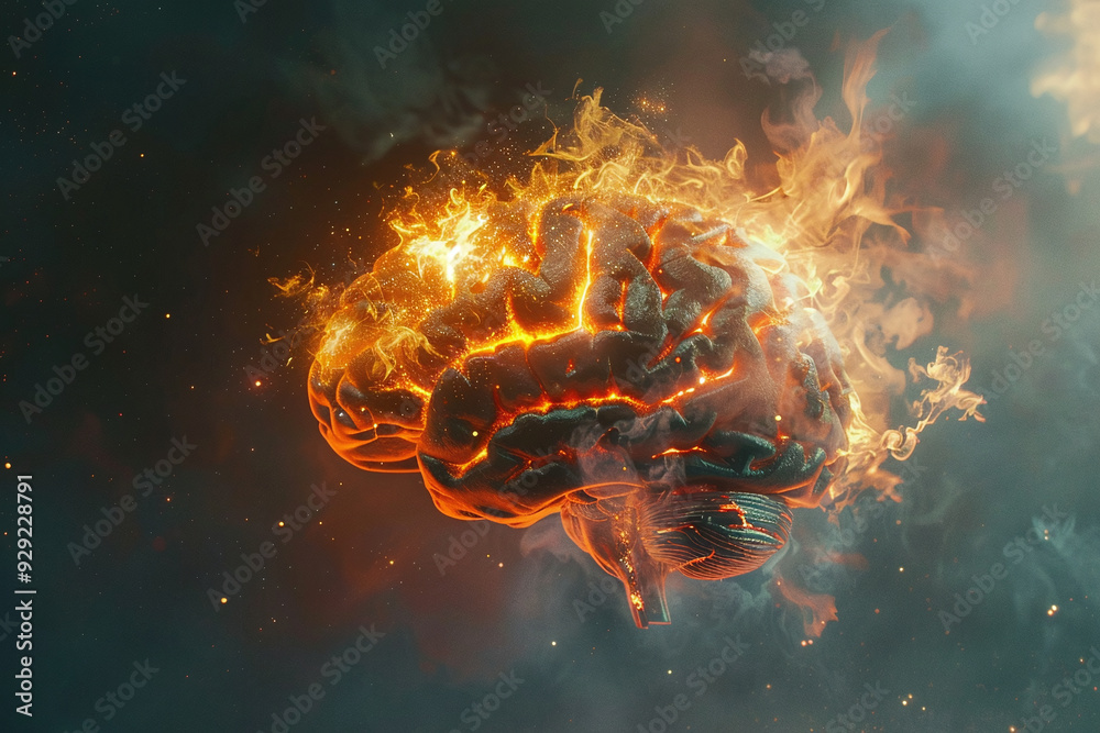 Brain on fire. Brain burnout. Brain explosion with fire, sparks and ...