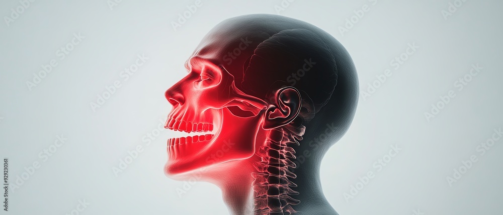 A head illustrated with a red glow around the jaw, depicting severe ...